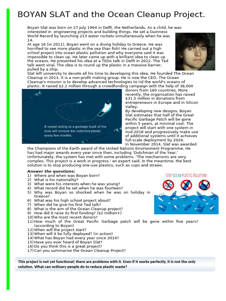 Boyan Slat and The Ocean Cleanup Reading Comprehension Exercises ...