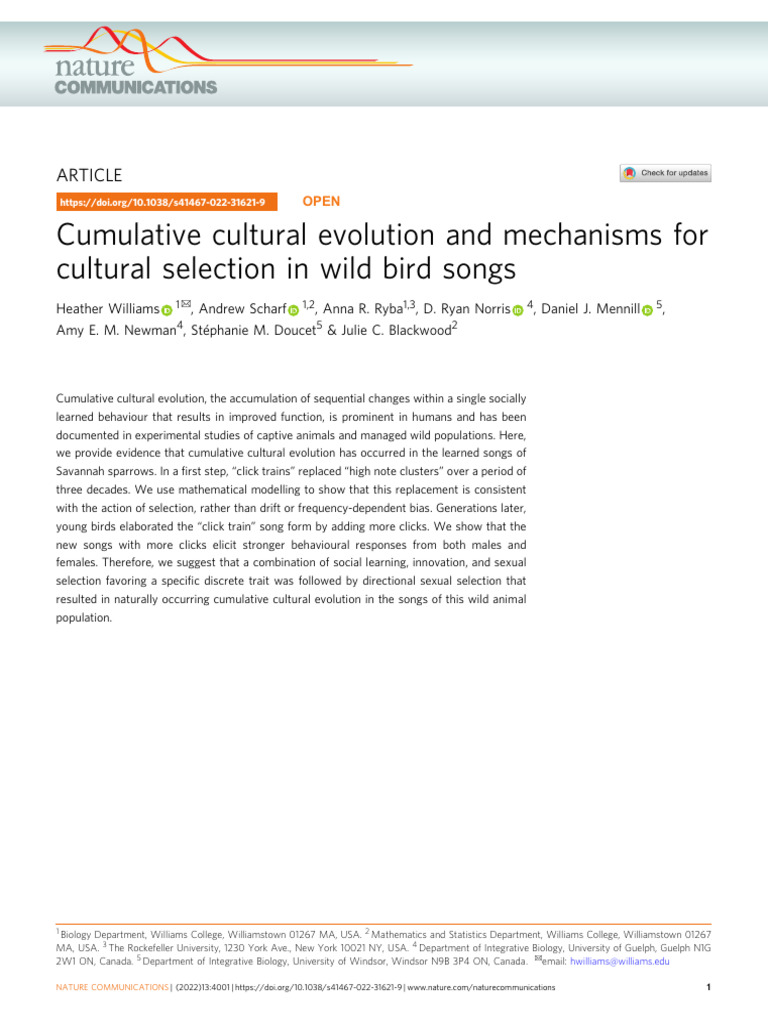 Cumulative Cultural Evolution and Mechanisms For Cultural Selection in ...