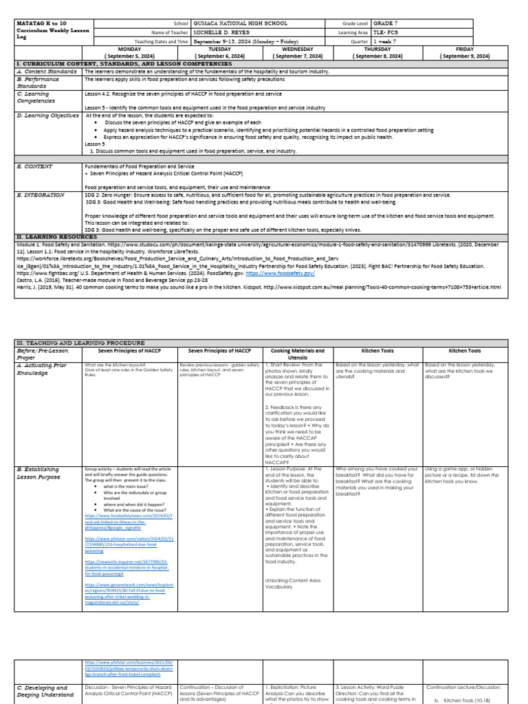 Grade 7 TLE: HACCP and Food Tools | PDF | Hazard Analysis And Critical ...
