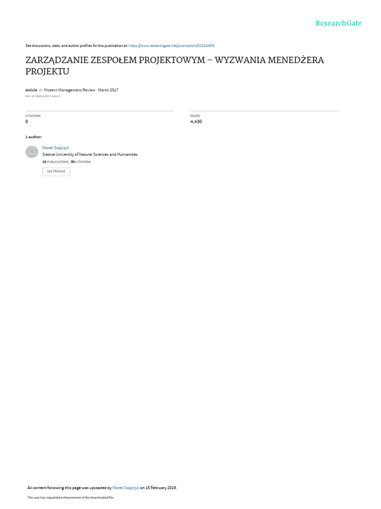ZARZADZANIE - ZESPOLEM - PROJEKTOWYM - WYZWANIA - MENEDZera Artykuł | PDF