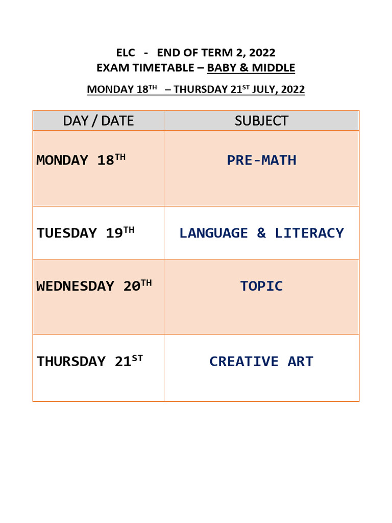 Baby & Middle End of Term 2 2022 Exam Timetable | PDF