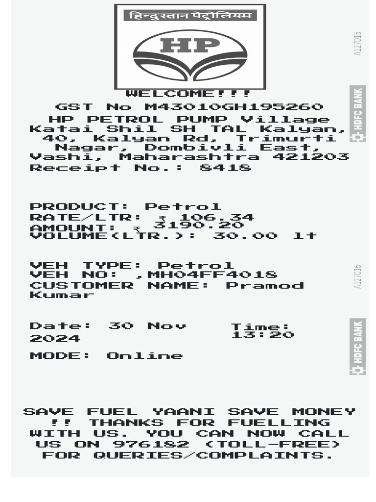 HP Petrol Pump Invoice - Nov 2024 | PDF