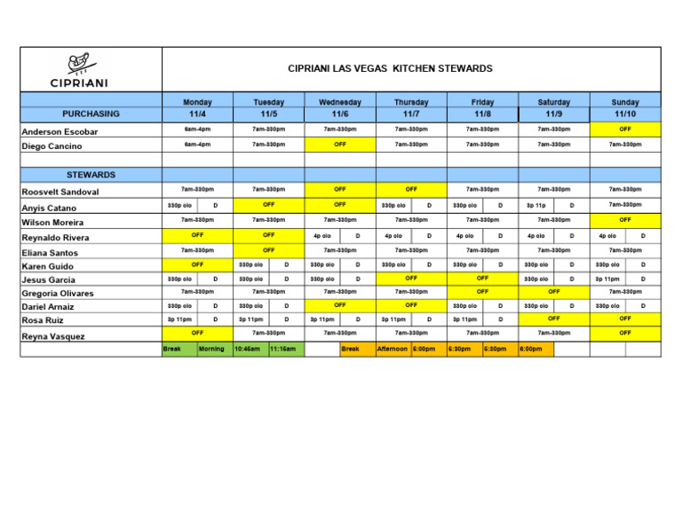 Steward Schedule 11-4 to 11-10 | PDF
