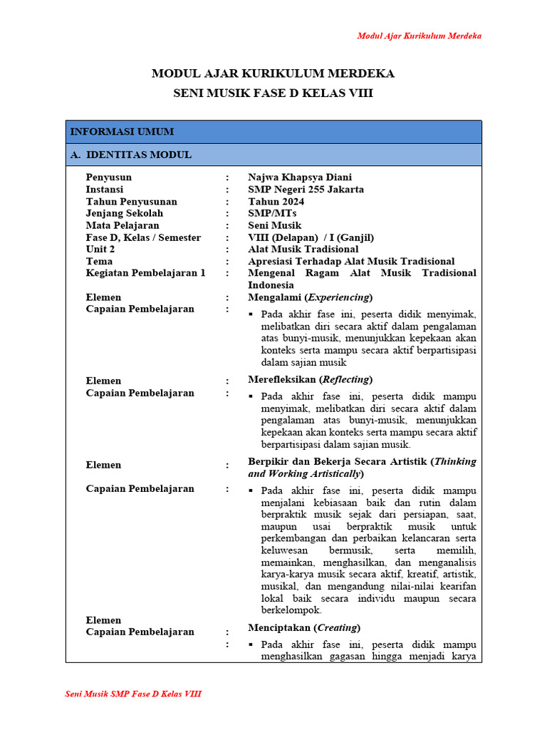 [Modul Ajar] Unit 2 Kelas VIII Pertemuan 15-16 - Alat Musik Tradisional | PDF
