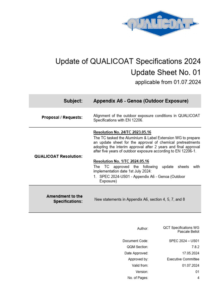 SPEC 2024-US01 - Appendix A6 - Genoa (Outdoor Exposure) | PDF ...