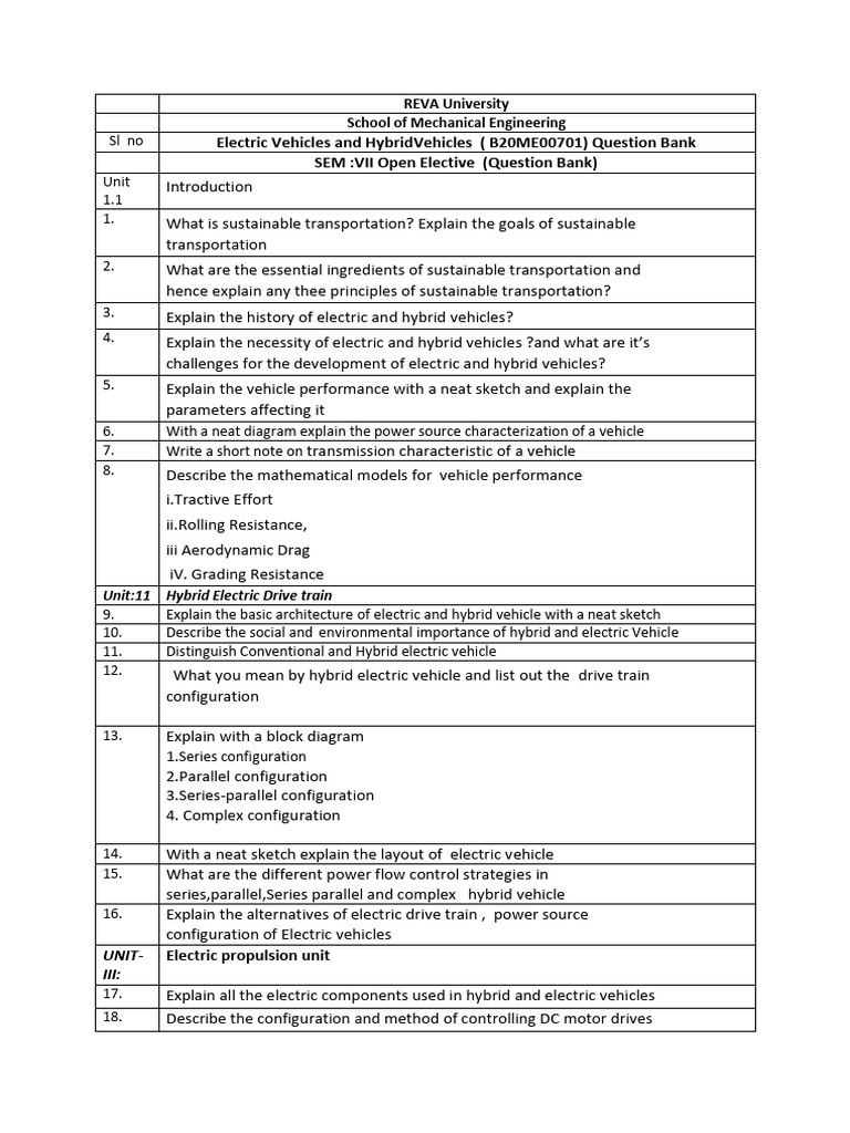 Open Elective - Question Bank - Electric and Hybrid Electric Vehicle ...