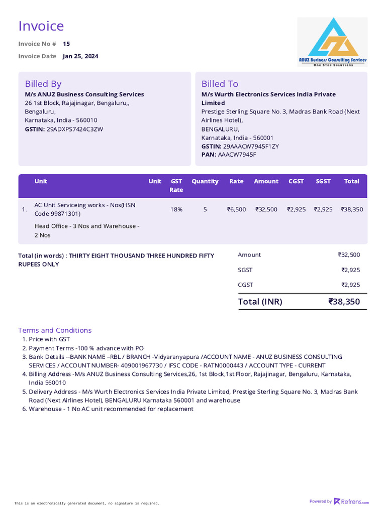 Invoice No-15-ANUZ Wurth- AC Service Works | PDF | Invoice | Currency