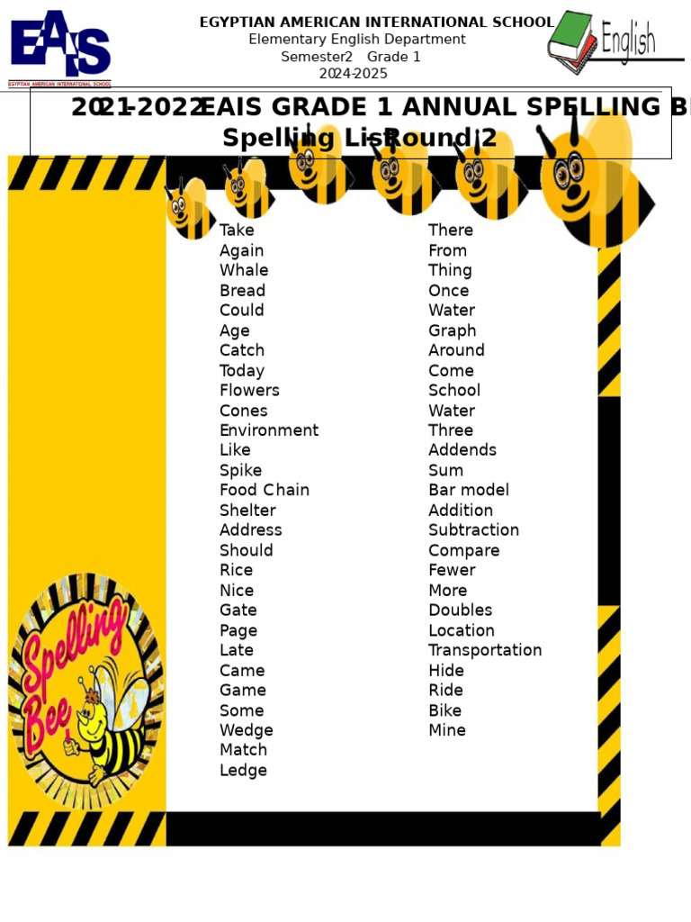 G1 Spelling Bee List - Round 2 | PDF
