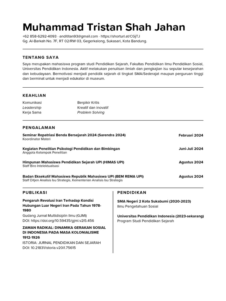 CV Muhammad Tristan Shah Jahan | PDF