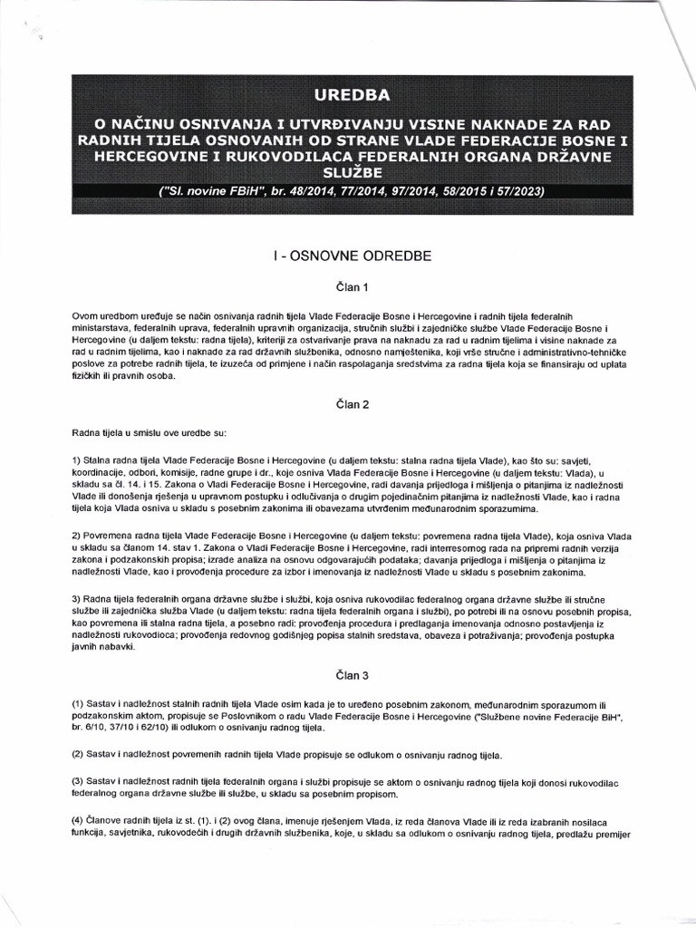 Uredba o Načinu Osnivanja I Utvrđivanju Visine Naknada Za Rad Radnih Tijela Osnovanih Od Strane ...