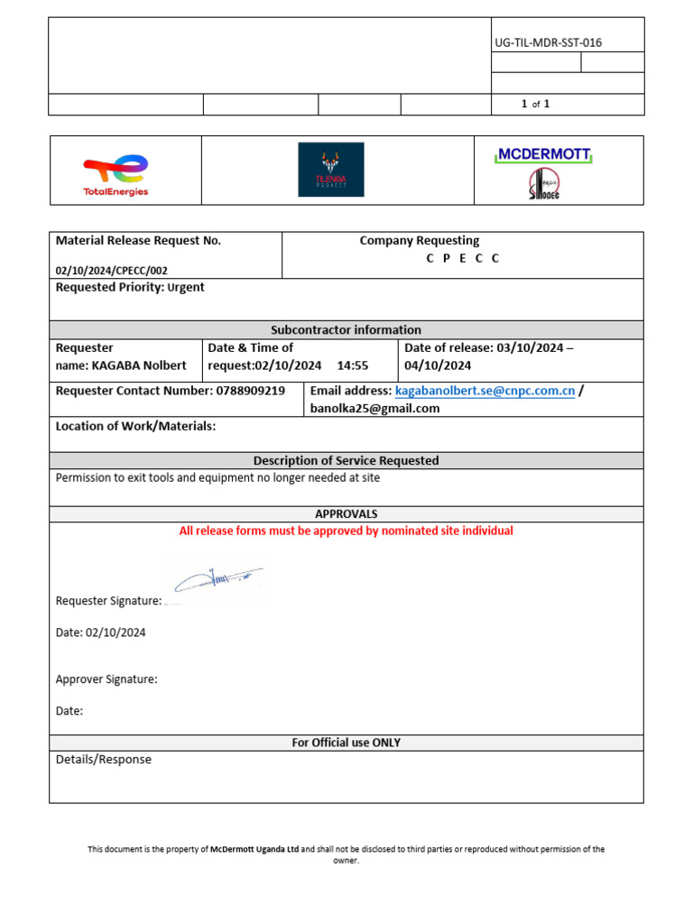 Site Material Release Request Form - Permission To Exit Materials No ...