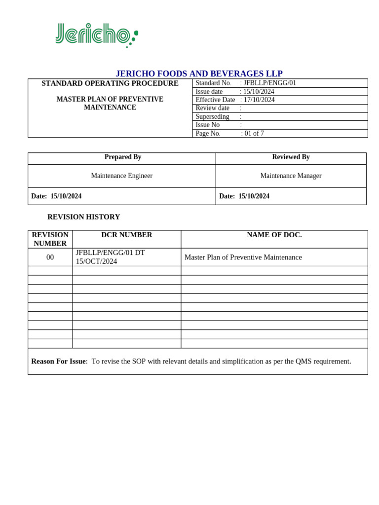 SOP Master Plan of Preventive Maintenance | PDF | Personal Protective ...