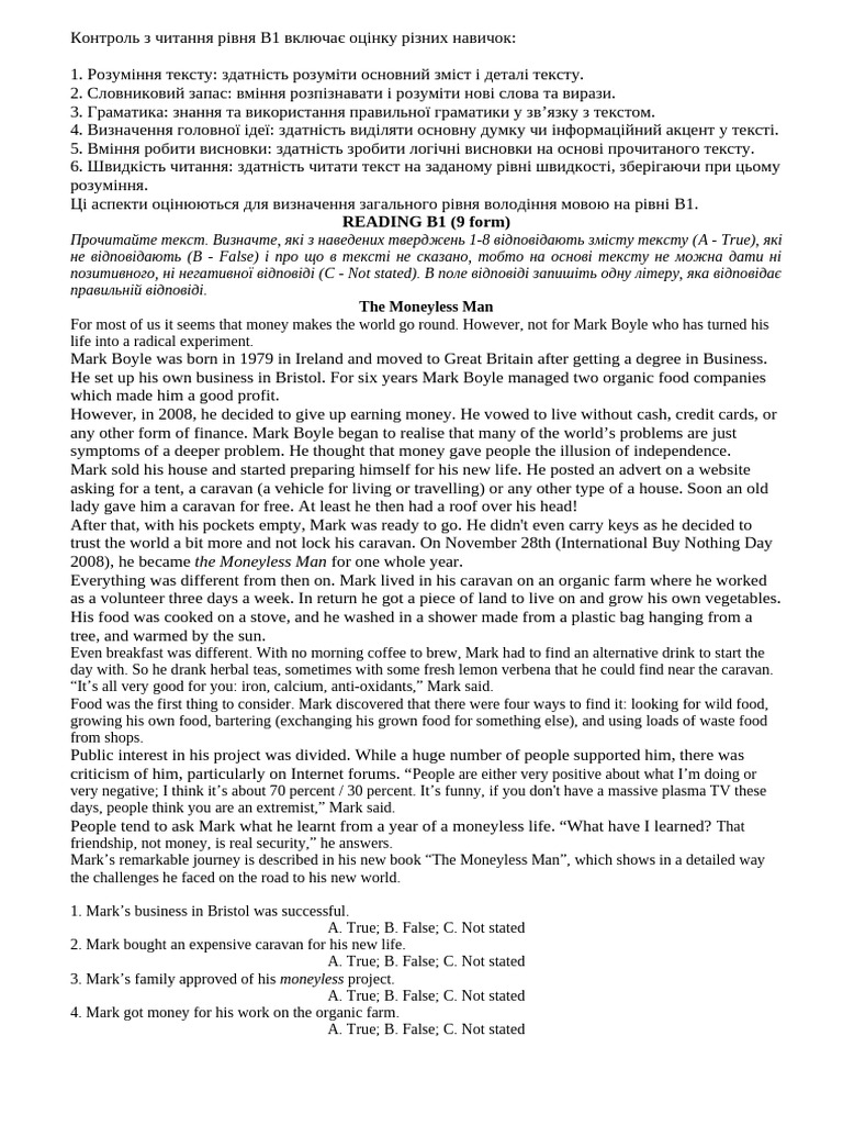 READING B1 (9 Form) : The Moneyless Man | PDF