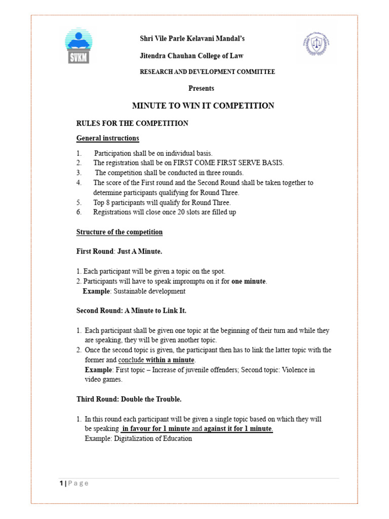 Minute To Win Competition-Rules and Regulations | PDF | Justice | Crime ...