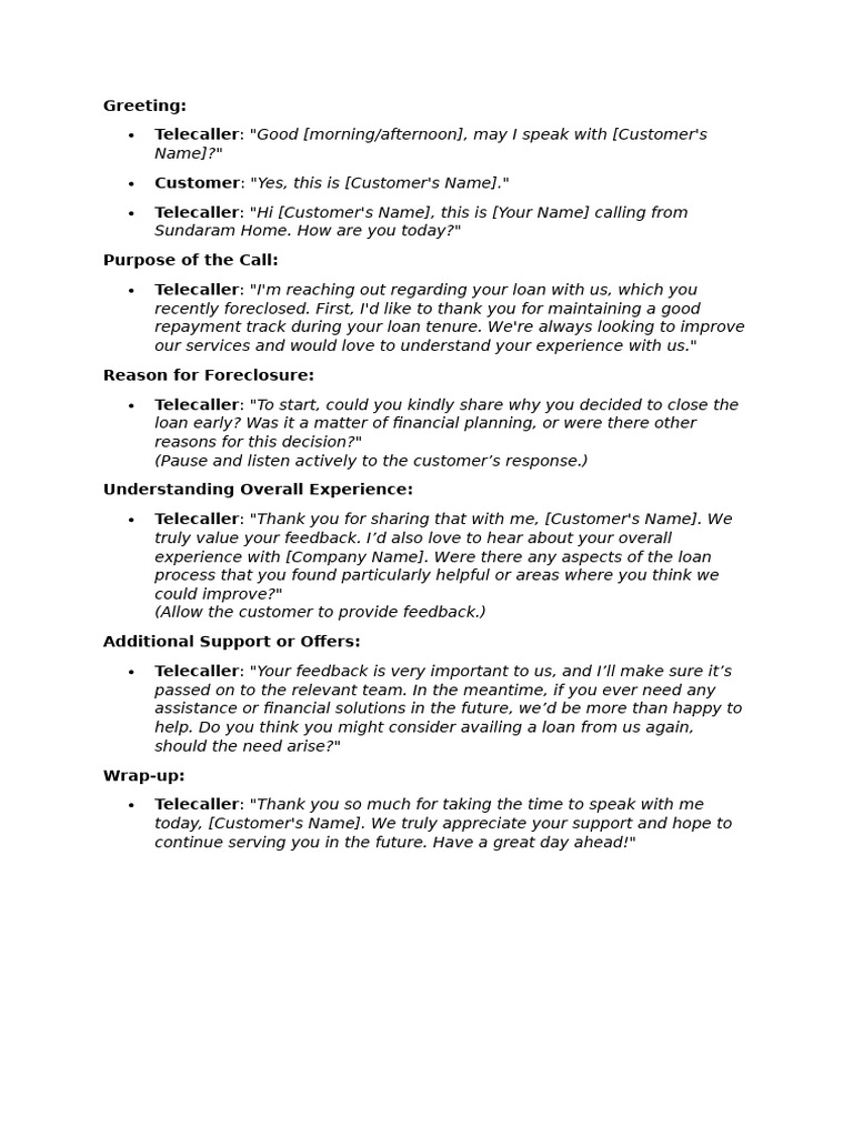 Telecaller Script for Loan Foreclosure Feedback | PDF