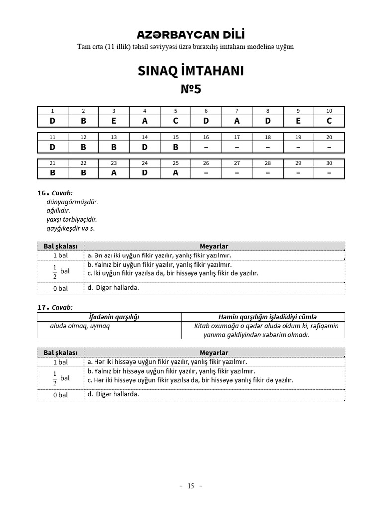 Az-Dili Bura 11 Cavab Sinaq 5 | PDF
