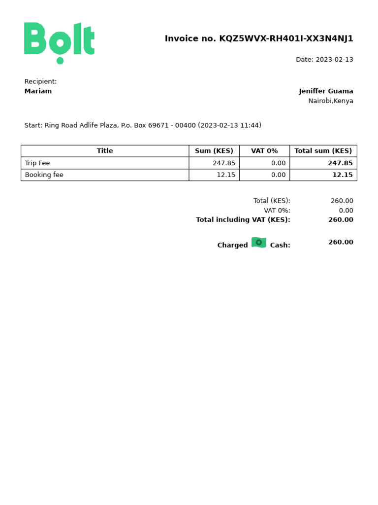 Ride Invoice From Bolt | PDF