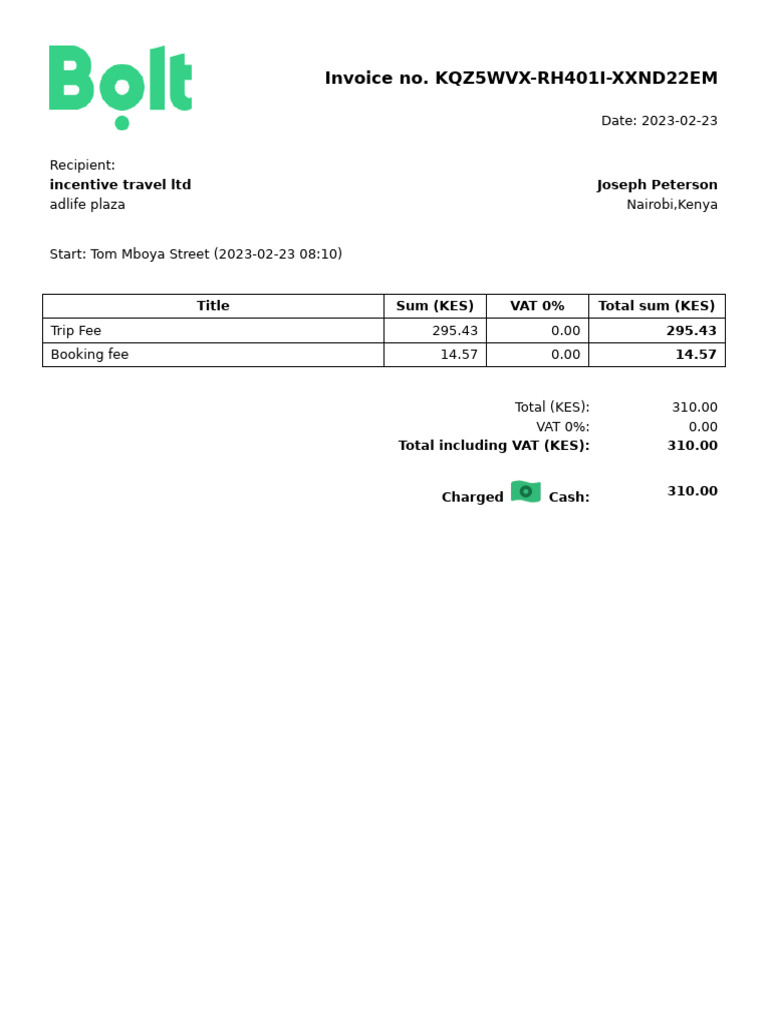 Ride Invoice From Bolt | PDF