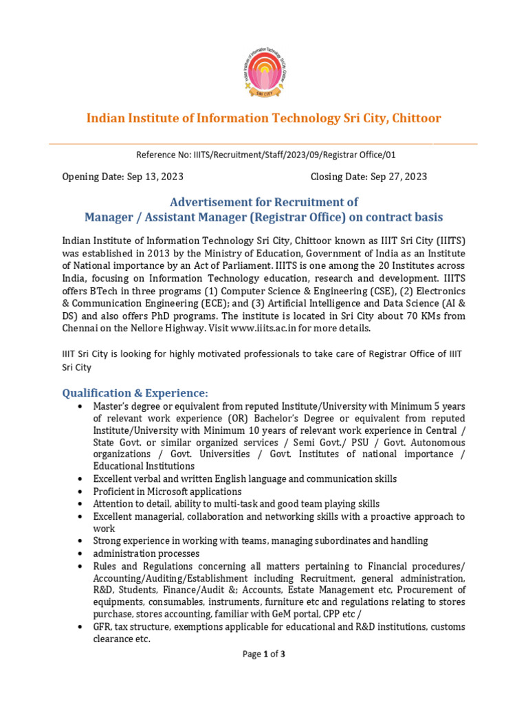 IIIT Sri City Recruitment: Manager/Asst. Manager | PDF