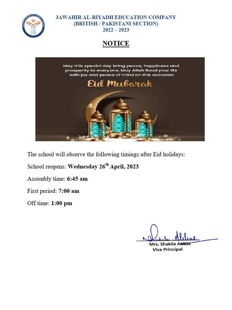 School Timings Post-Eid April 2023 | PDF