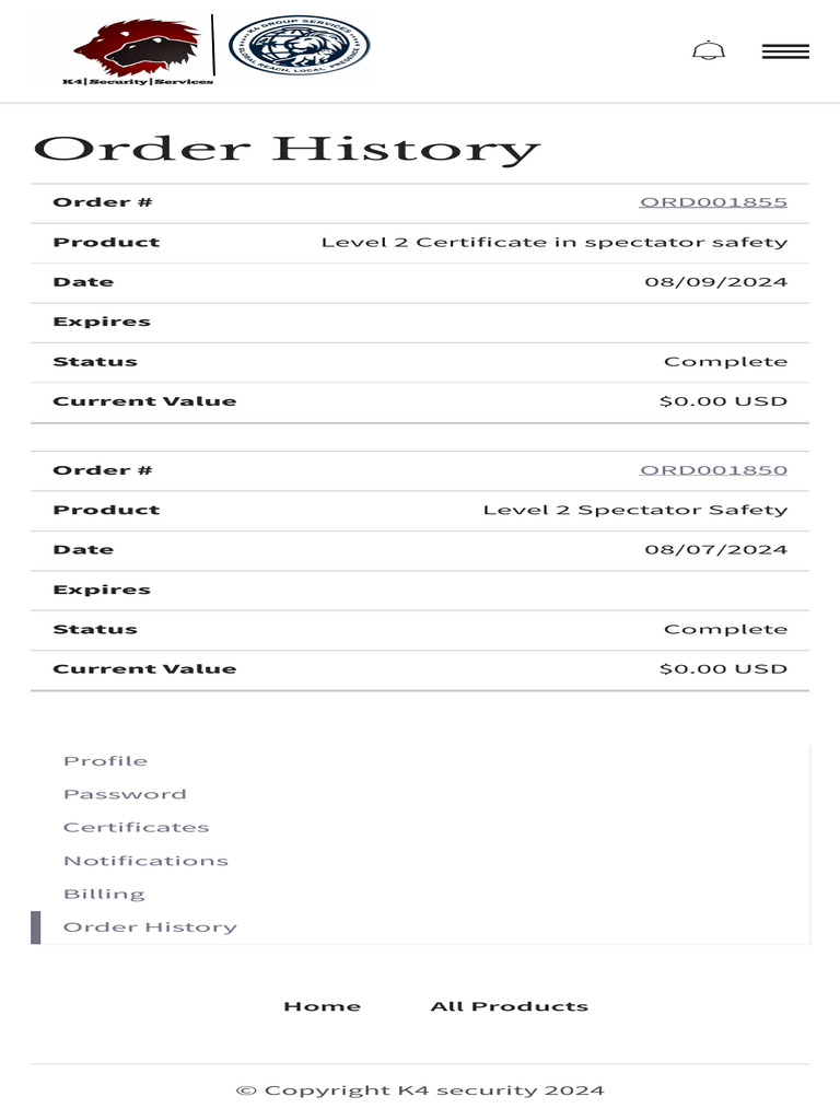 Order History - K4 Security | PDF