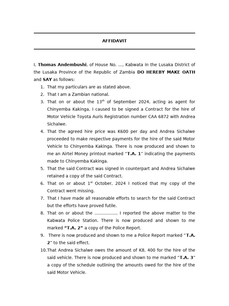 AFFIDAVIT THOMAS ANDEMBUSHI | PDF | Affidavit | Civil Law (Common Law)