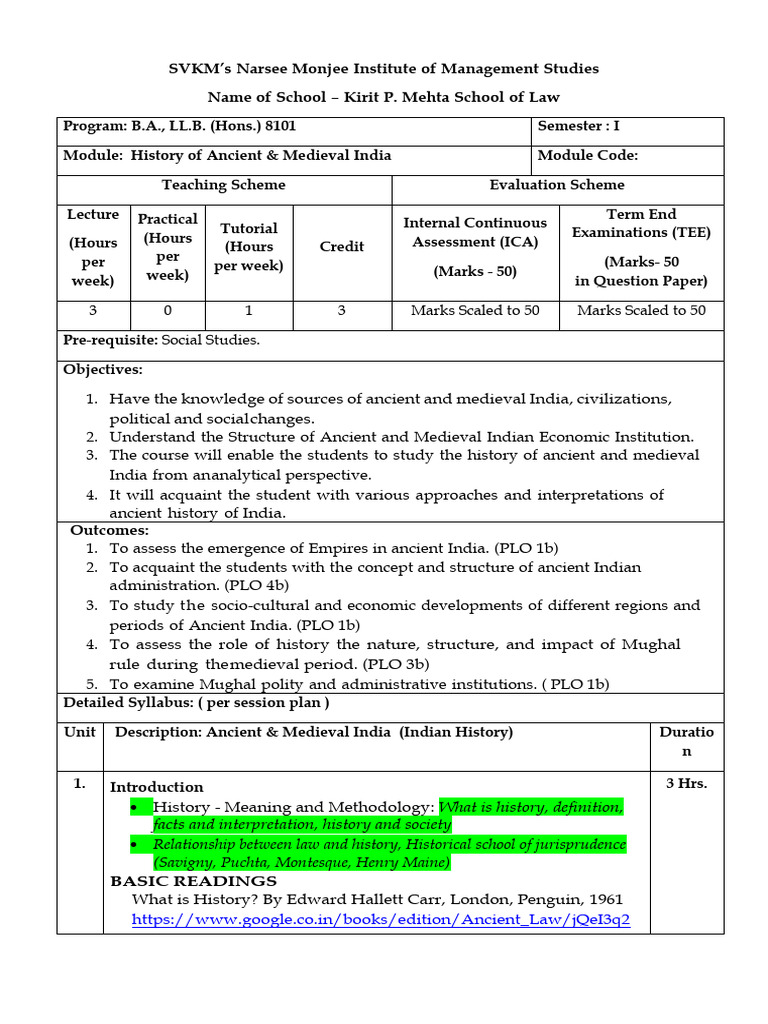 Sem - History of Ancient & Medieval India - BALLB - 2024-25 | PDF
