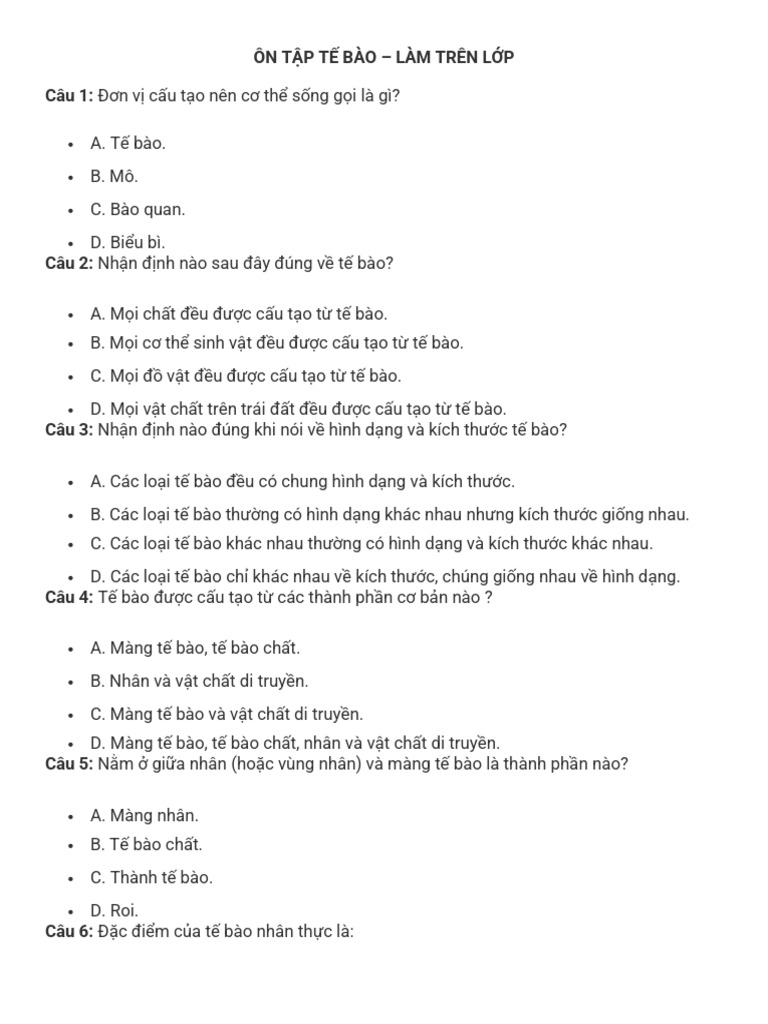 ÔN TẬP TẾ BÀO LTH | PDF