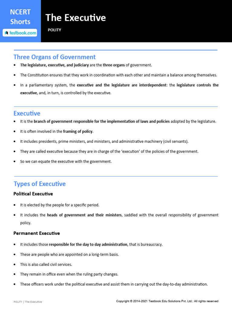 The Executive - Study Notes | PDF | Heads Of State | Cabinet (Government)