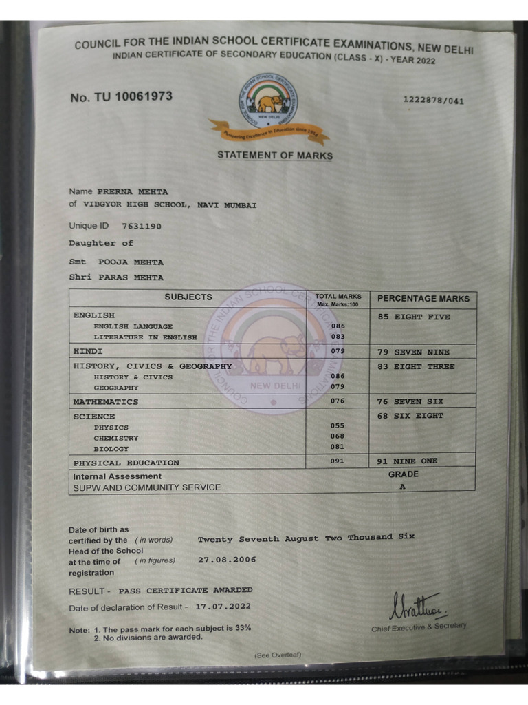 10th Marksheet | PDF