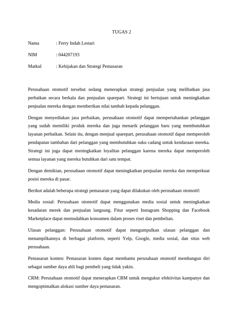 TUGAS 2 KEBIJAKAN DAN STRATEGI PEMASARAN | PDF