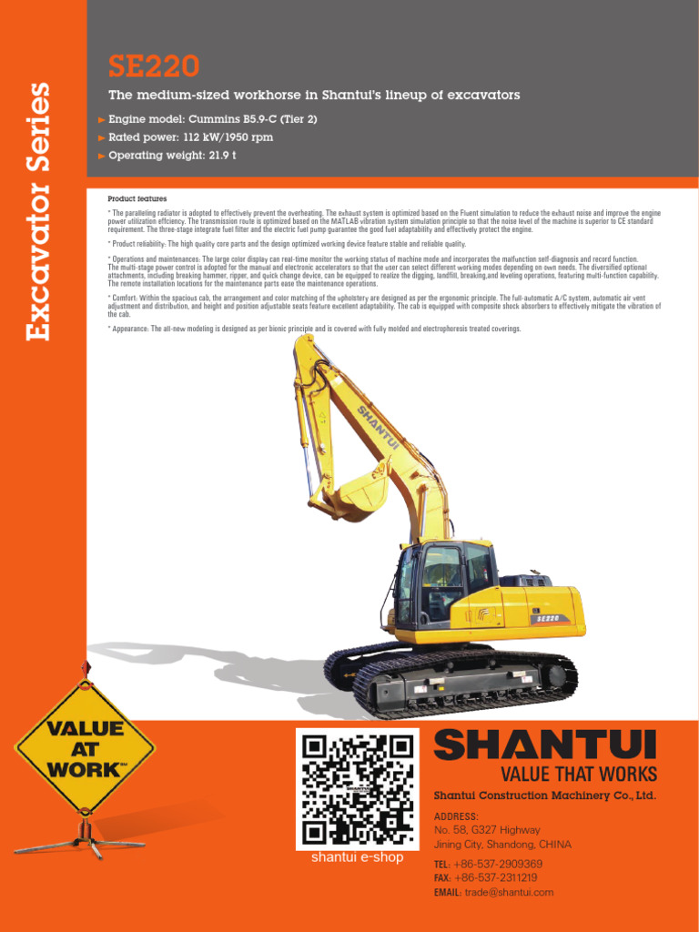 Shantui SE220 Excavator Overview | PDF | Horsepower | Engines