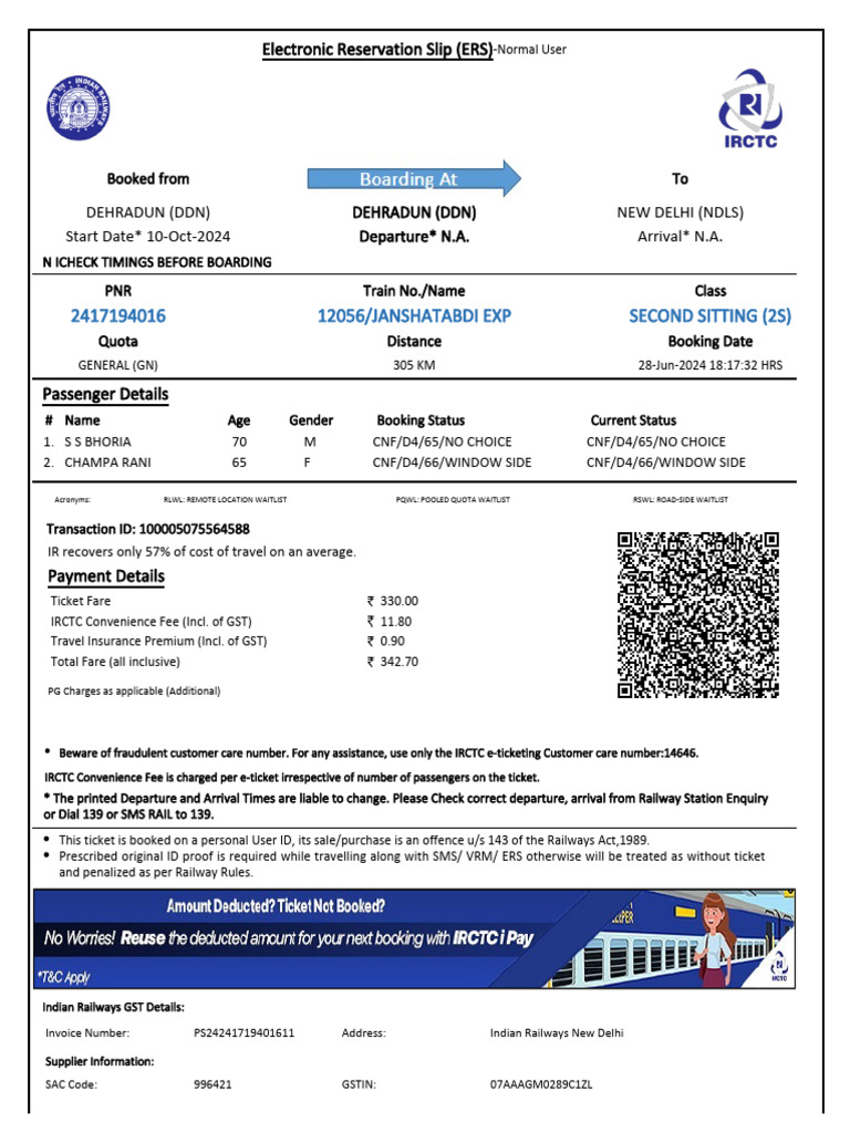 DDN To NDLS, Janshatabdi On 10-10-24 | PDF | Identity Document