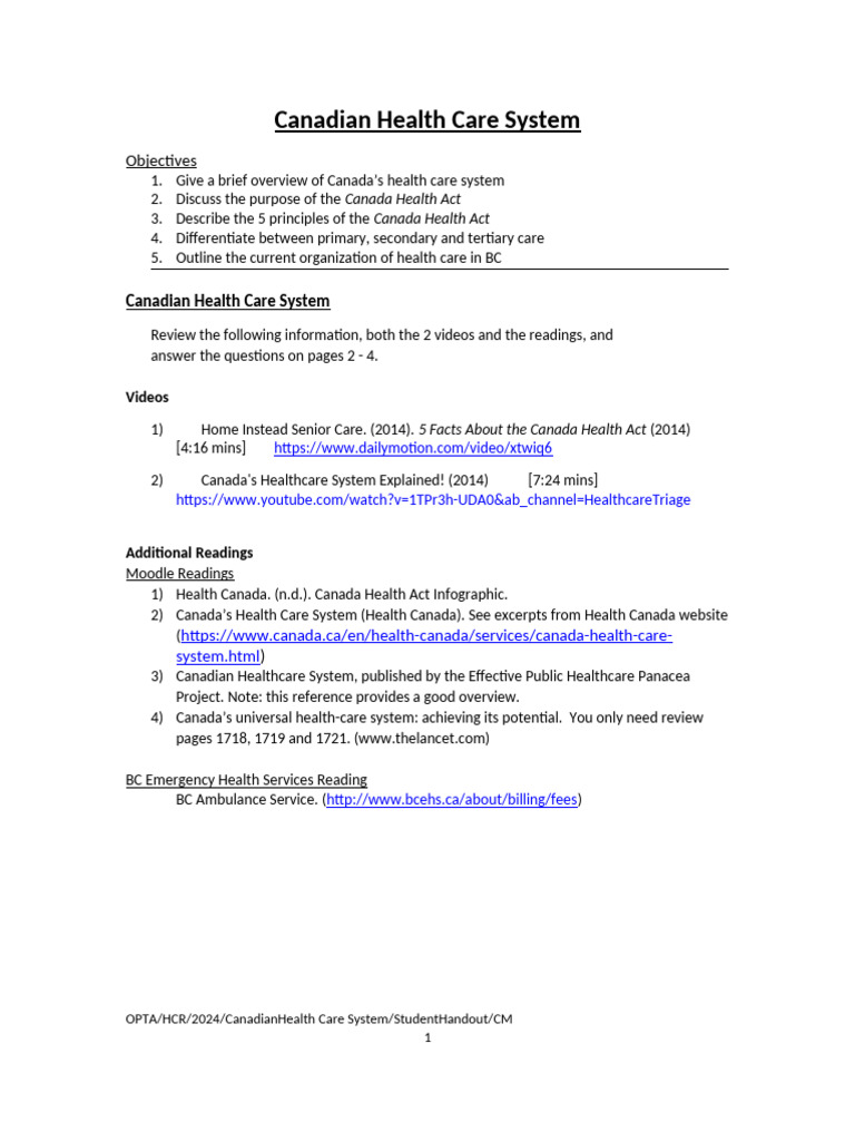 HCR 2024 Unit 5 - HC System - Handout - Tagged | PDF | Physical Therapy ...