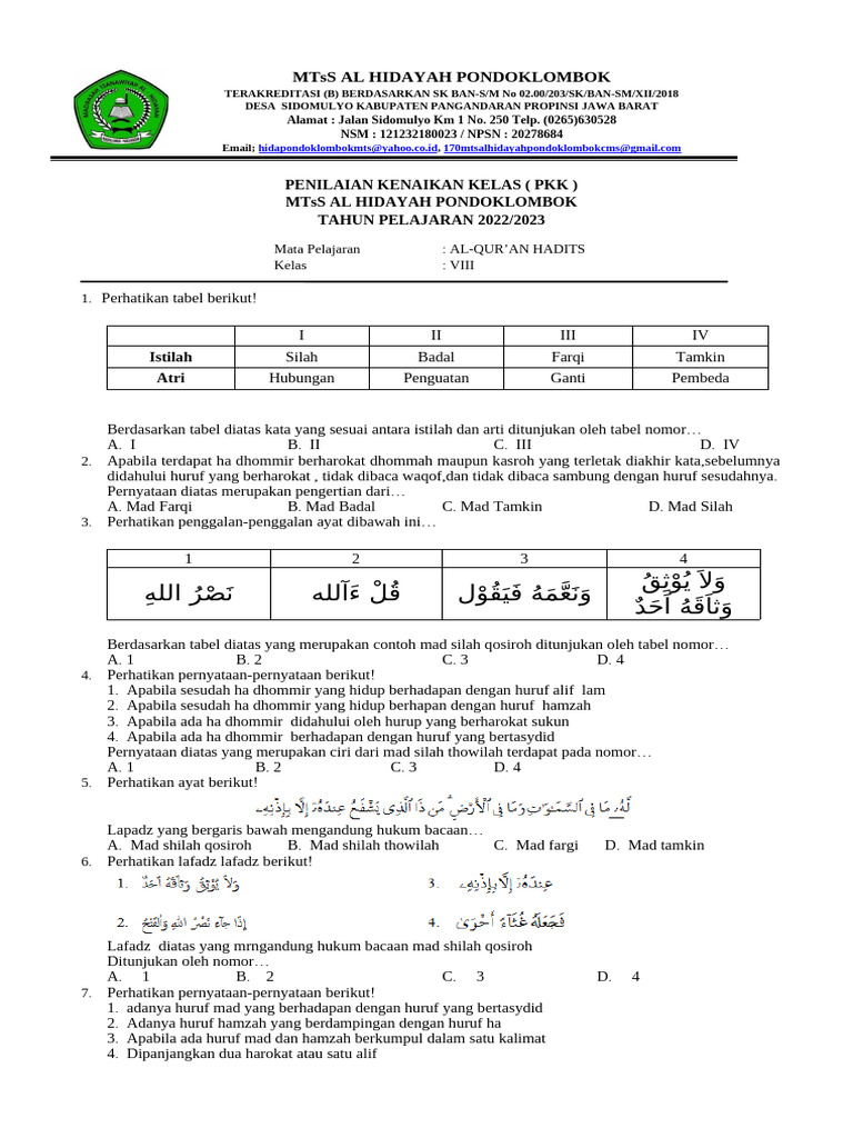 Soal Qurdits Pat Kls 8 22-23 | PDF