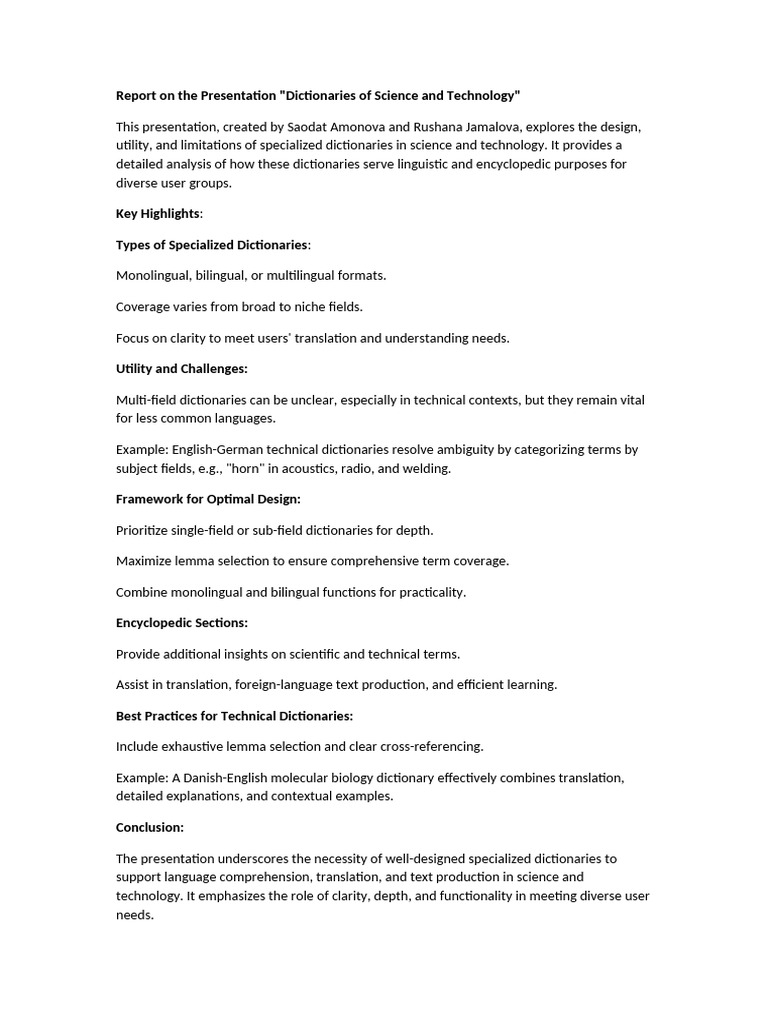Science and Technology Dictionaries Explained | PDF