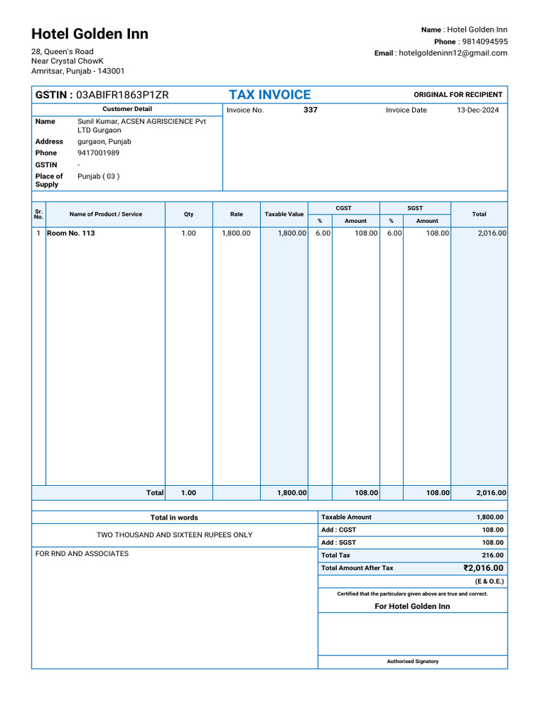 Invoice 337 Retail Sale Sunil Kumar ACSEN AGRISCIENCE PVT LTD Gurgaon 11-18-47 | PDF