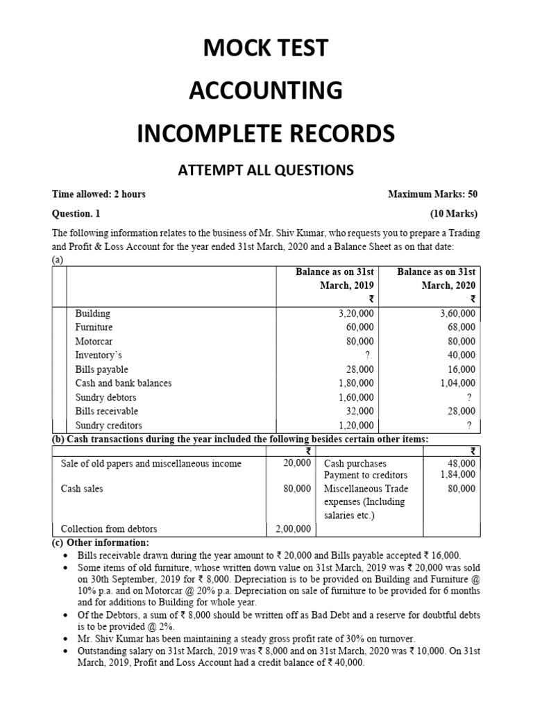Accounts Test Paper Incomplete Records | PDF | Debits And Credits | Expense