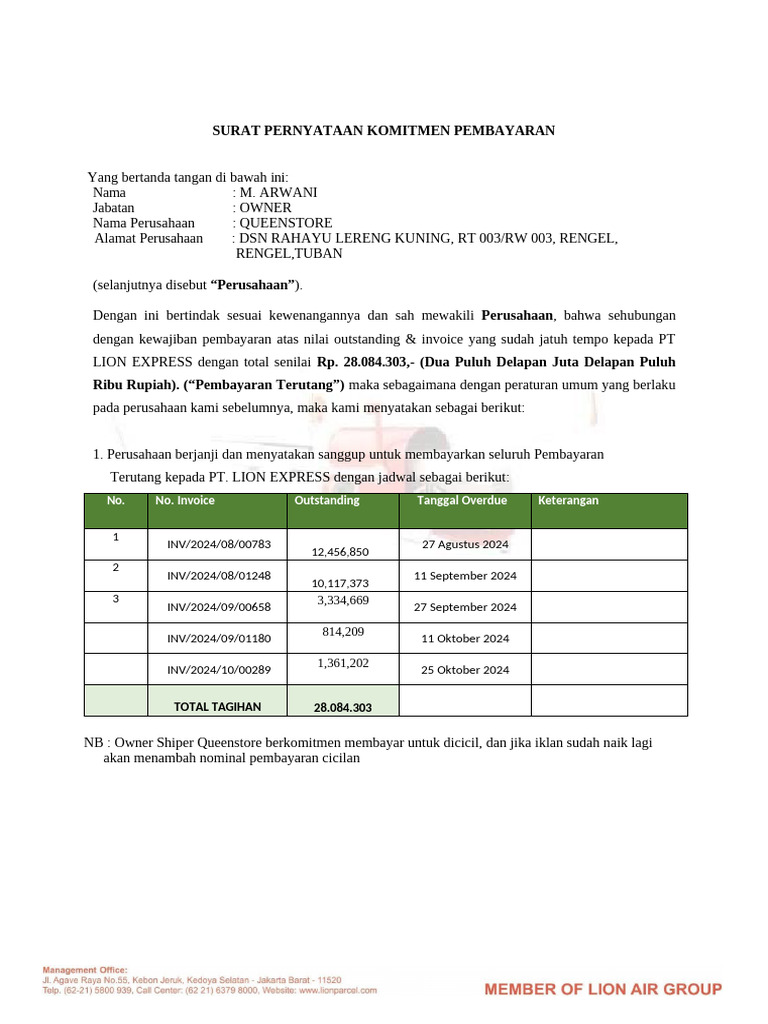 SURAT PERNYATAAN KOMITMEN PEMBAYARAN - Queenstore ok | PDF