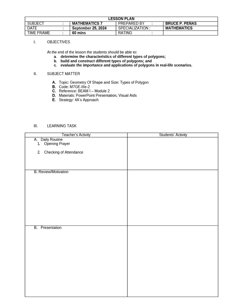 Sample Format of Lesson Plan Template | PDF