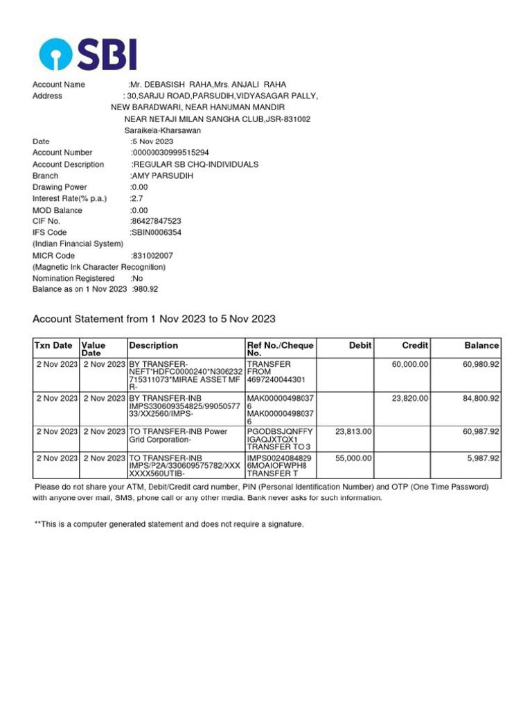 BankstatemantStateBankofindia | PDF