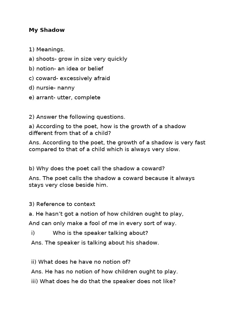 My Shadow Poem: Summary and Q&A | PDF