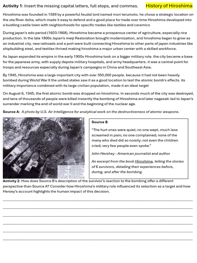 History of Hiroshima Worksheet | PDF | Hiroshima | Atomic Bombings Of ...