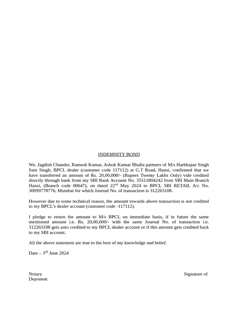 Indemnity Bond | PDF
