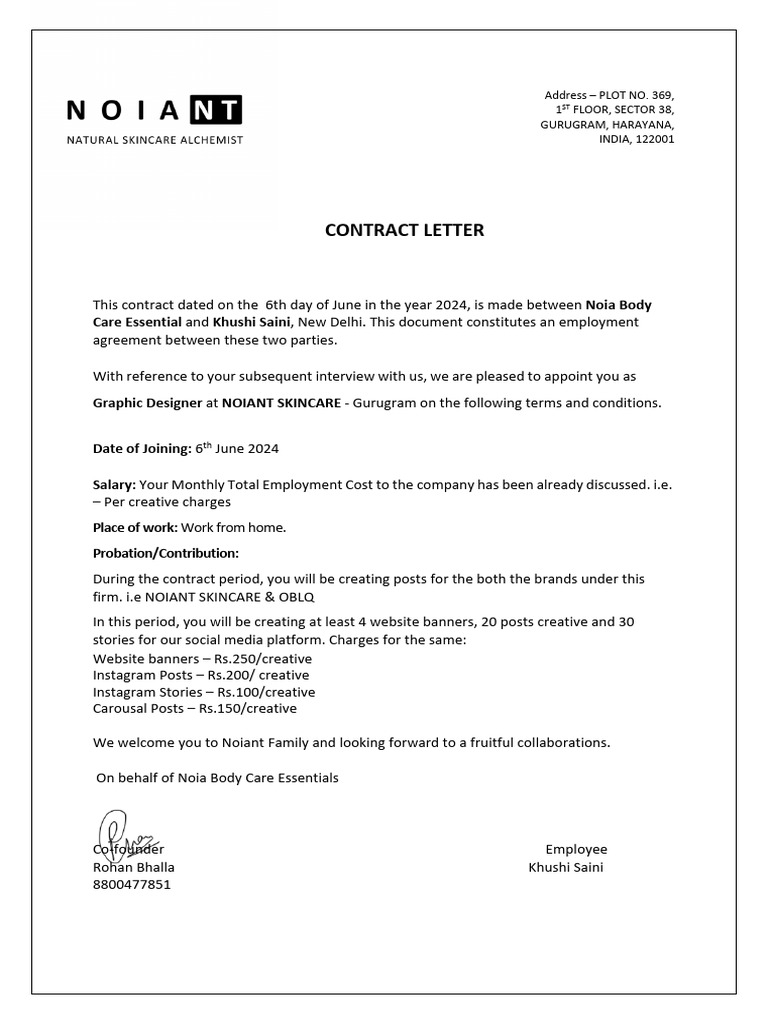 Contract Letter Khusi Saini | PDF