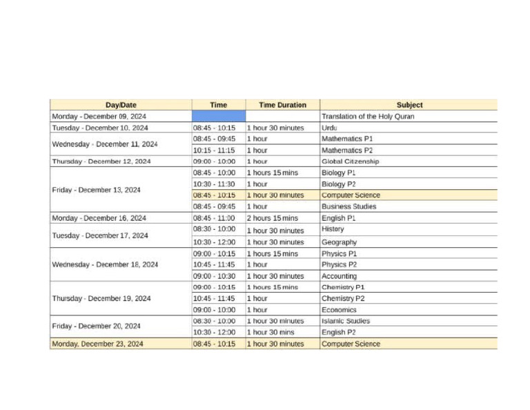 Time Table Mid Term | PDF