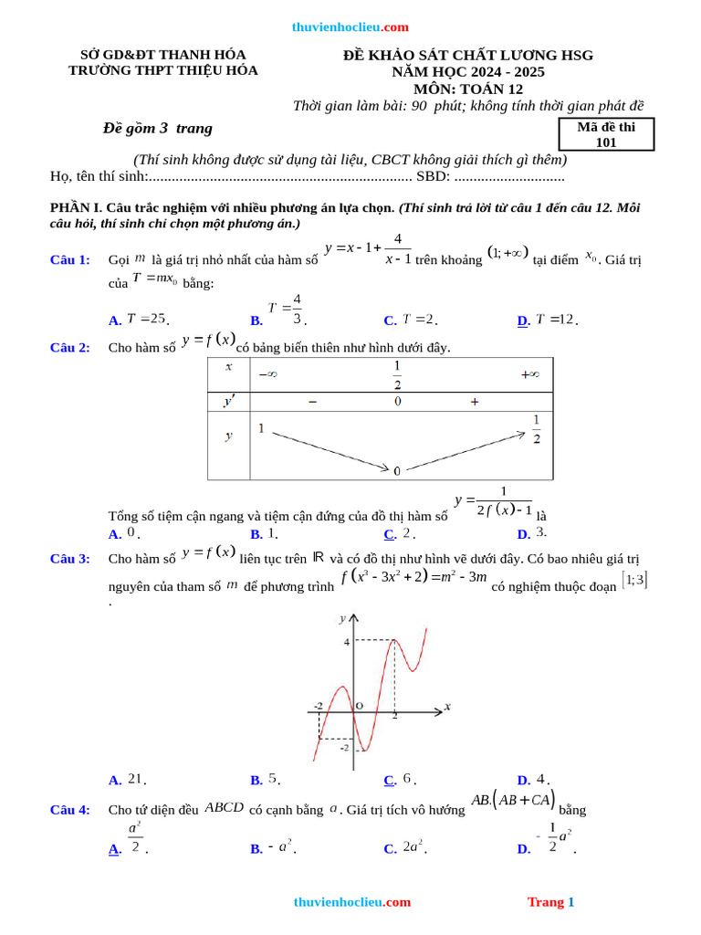 De KSCL HSG Toan 12 Thieu Hoa 24 25 | PDF