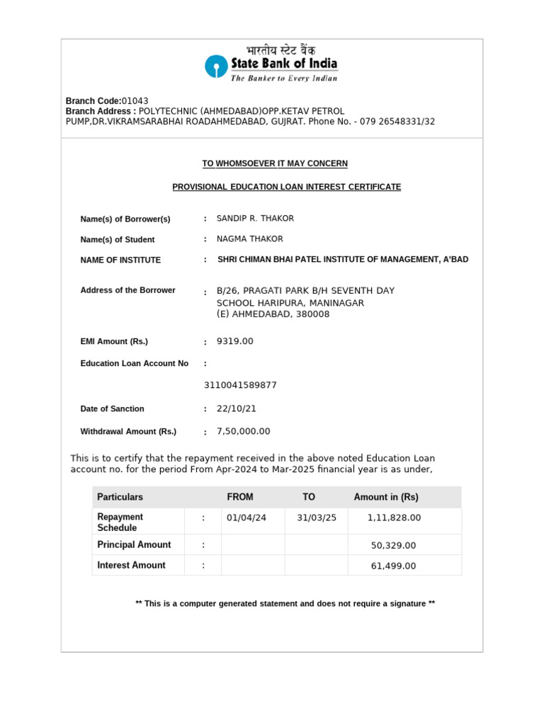 SBI Prov Education Loan Certificate - 2022-23 | PDF