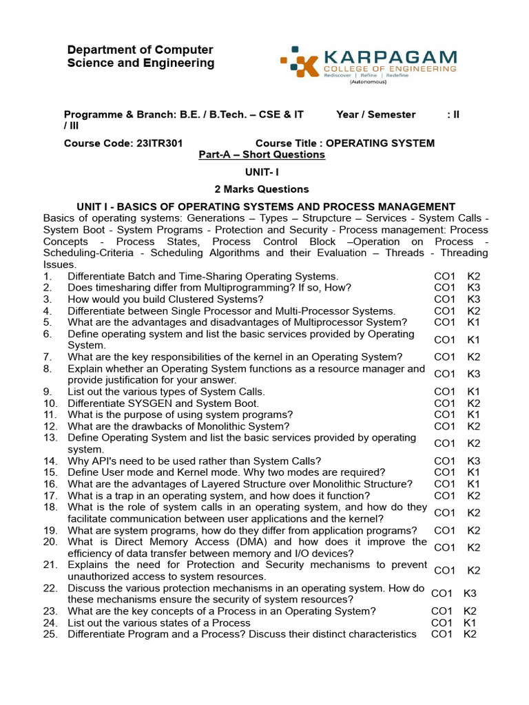 23itr301-Operating System Question Bank | PDF | Virtualization | File System