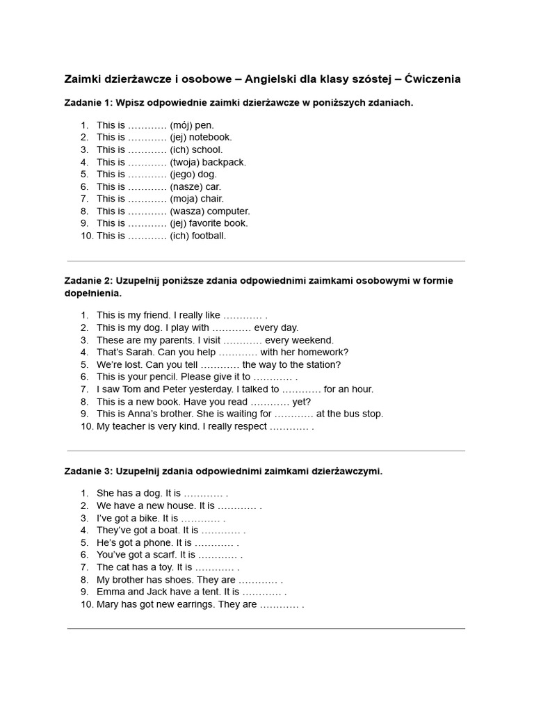 Zaimki i Stopniowanie Przymiotników: Ćwiczenia dla Klasy 6 | PDF